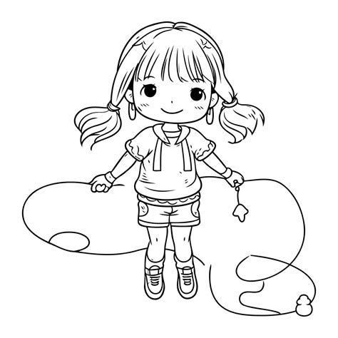 Раскраска страницы контур мультяшной маленькой девочки с длинными волосами Премиум векторы