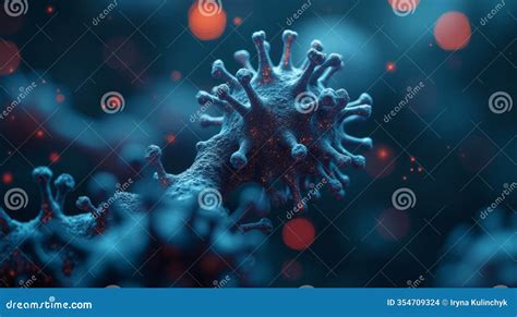 Microscopic View Of A Virus Like Structure With Spiked Surface And Glowing Particles On A Dark