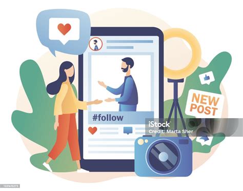 작은 소녀는 소셜 미디어 네트워크에서 블로거를 따릅니다 블로그 개념 새로운 게시물 사진 및 비디오 콘텐츠 인플루언서 마케팅 Smm 현대 플랫 만화 스타일 흰색 배경의 벡터