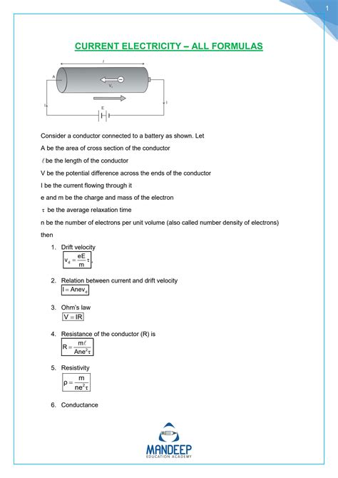 SOLUTION Current Electricity Formula Sheet Studypool