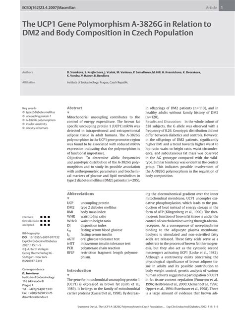 Pdf The Ucp1 Gene Polymorphism A 3826g In Relation To Dm2 And Body Composition In Czech Population