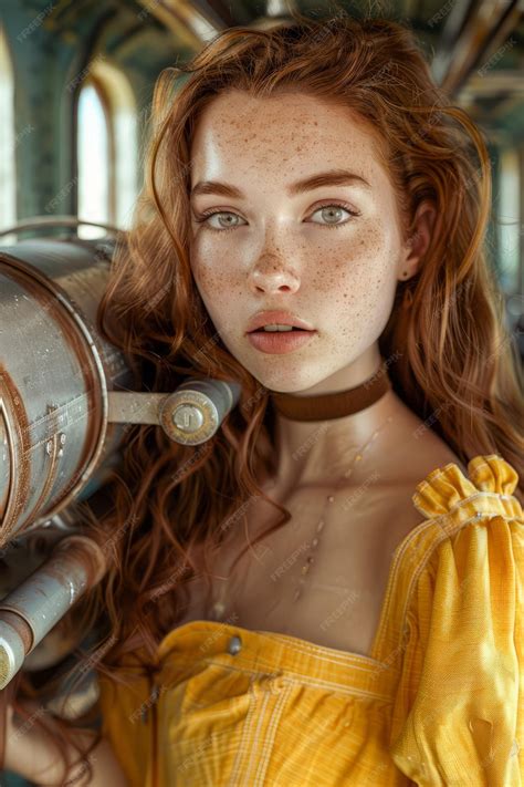 Premium Photo Young Redhead Woman With Freckles In Yellow Dress