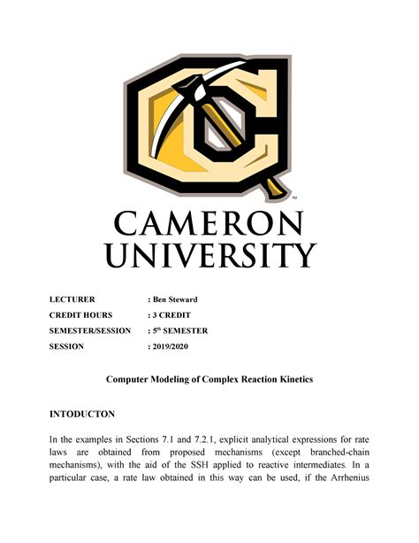Report Task Computer Modeling Of Complex Reaction Kinetics Lecturer Ben Steward Credit Hours