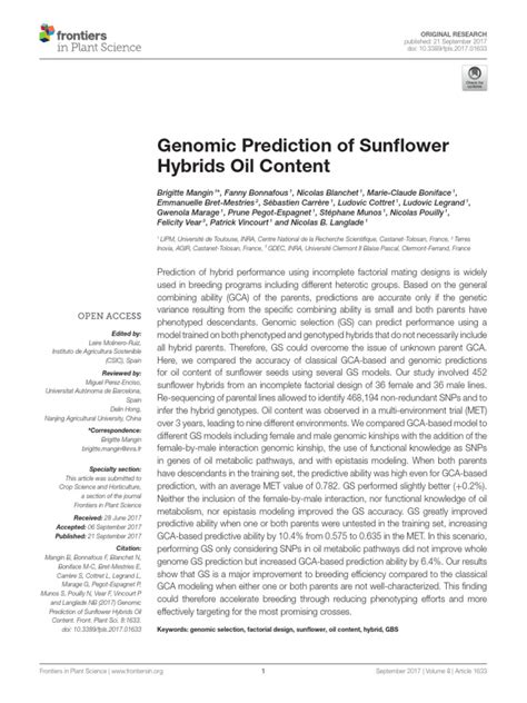 Sunflower Hybrid Oil Content Prediction Pdf Quantitative Trait Locus Single Nucleotide