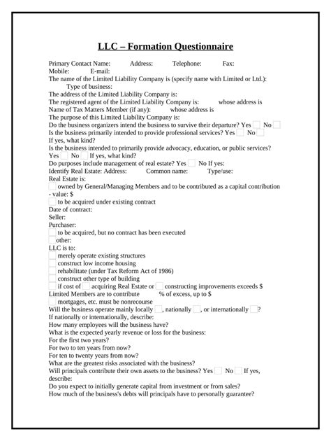 Limited Liability Company Llc Ation Questionnaire Doc Template
