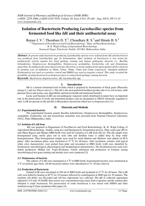 Pdf Isolation Of Bacteriocin Producing Lactobacillus Species From Fermented Food Like Idli And
