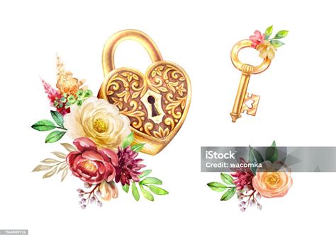 수채화 일러스트 하트 모양의 골드 락 꽃으로 장식된 열쇠 로맨틱한 식물 장식 흰색 배경에 고립된 클립 아트 요소 기록보관용에 대한 스톡 벡터 아트 및 기타 이미지 Istock