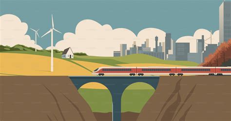 신칸센이 강 다리를 통과합니다 배경에 도시 풍경 풍력 터빈이 있는 평화로운 초원 벡터 Unsplash의 친환경 기술 이미지
