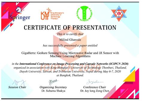 Springer Certification For The Resarch In Gesture Sensing Using Microwave Radar And Ir Sensor