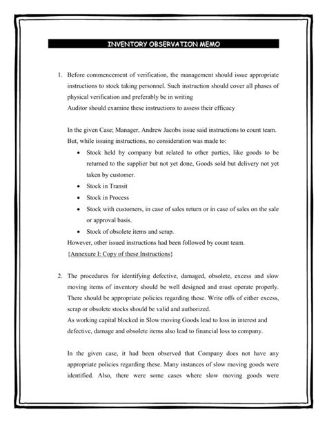 Inventory Observation Memo Before Commencement Of