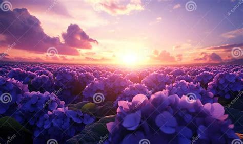 Blossoming Hydrangea Field At Sunset Stock Image Image Of Scenic