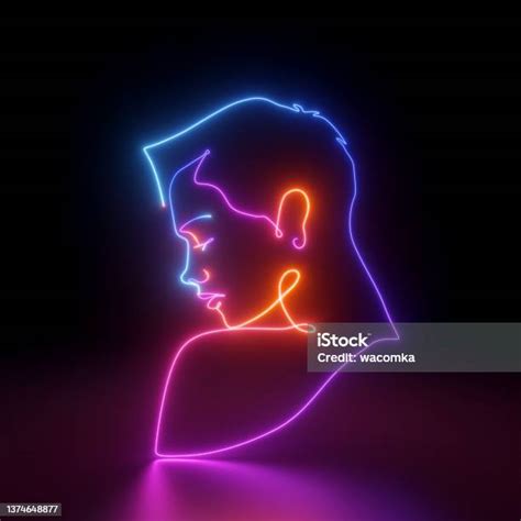 3d 렌더링 검은 배경 위에 다채로운 네온 빛으로 빛나는 여성의 추상선형 아트 초상화 아바타에 대한 스톡 사진 및 기타 이미지