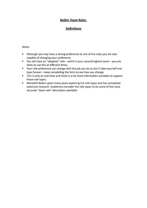 Belbin Team Roles Lecture Notes Belbin Team Roles Definitions Notes Although You May Have A
