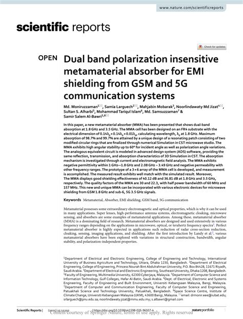 Pdf Dual Band Polarization Insensitive Metamaterial Absorber For Emi Shielding From Gsm And 5g