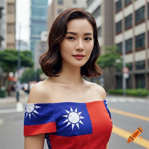 A Beautiful Taiwanese Woman In An Off The Shoulder Dress With A