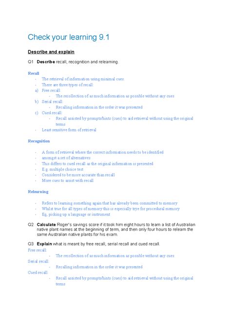 Recall Recognition And Relearning Check Your Learning 9 Check Your Learning 9 Describe And