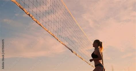 Beautiful Bikini Girls On The Beach Play Volleyball In Slow Motion Stock ビデオ Adobe Stock