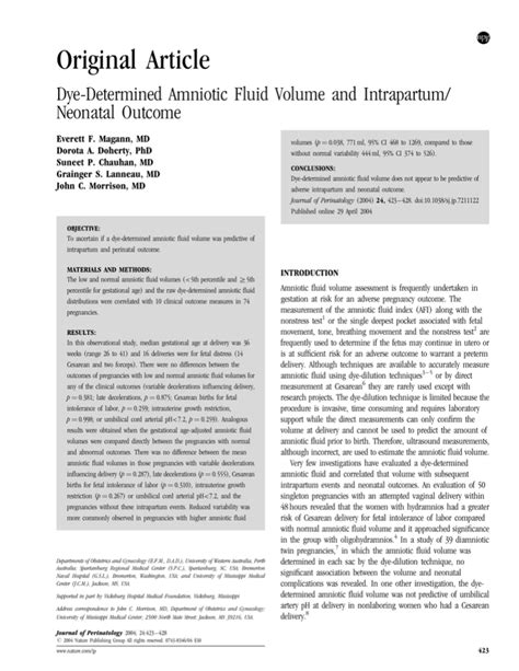 Original Article Dye Determined Amniotic Fluid Volume And Intrapartum