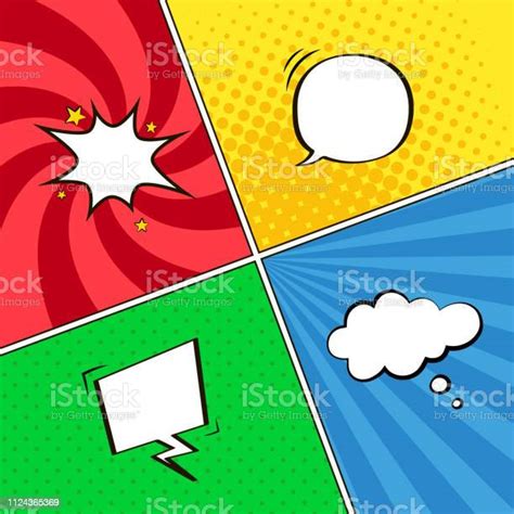 다양 한 도형 빈 흰색 연설 거품과 화려한 만화 배경 팝 아트 스타일에 벡터 그림입니다 개체 그룹에 대한 스톡 벡터 아트 및 기타 이미지 개체 그룹 검은색 공란