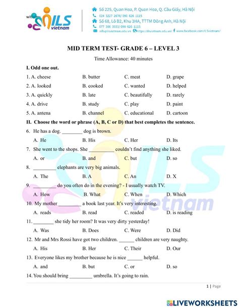 Grade 6 Level 3 Midtest Worksheet Live Worksheets