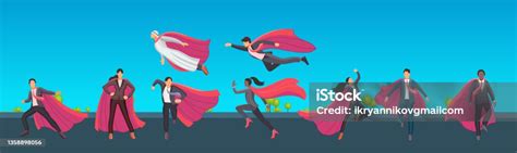 슈퍼 히어로 다양한 사람들이 설정합니다 남자와 여자 비행 실행 및 빨간 망토를 입고 서 슈퍼히어로에 대한 스톡 벡터 아트 및 기타 이미지 슈퍼히어로 영웅 다민족 그룹