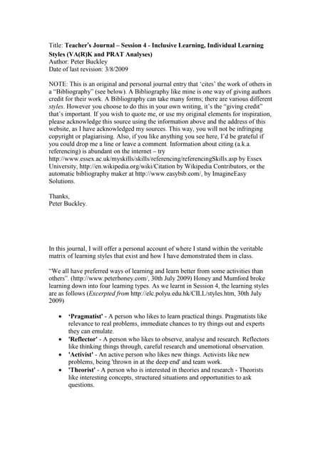Teachers Journal Session 4 Inclusive Learning Individual Learning Styles Va R K And Prat