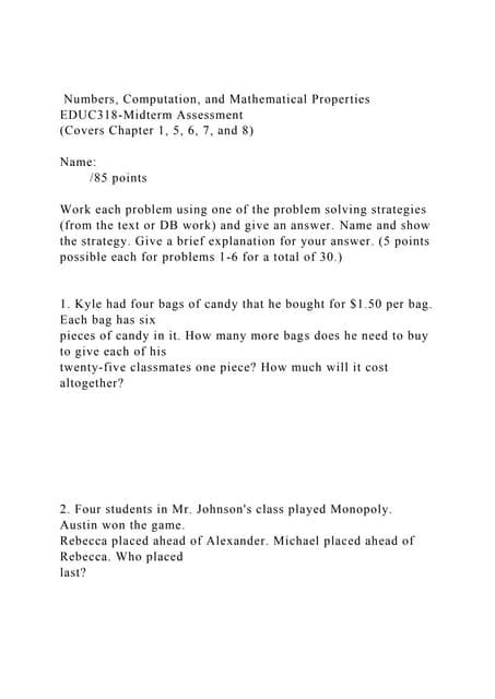 numbers computation and mathematical properties educ318 midterm docx