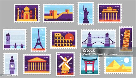 세계 도시는 우표를 게시합니다 여행 우표 디자인 도시 명소 엽서 및 마을 벡터 일러스트 레이션 세트 엽서에 대한 스톡 벡터 아트 및 기타 이미지 Istock