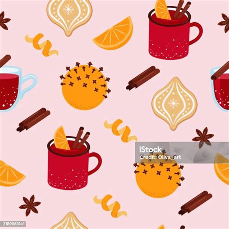 Mulled 와인 오렌지 진저 브레드 쿠키 및 향신료와 크리스마스 완벽 한 패턴 만화 스타일의 귀여운 벡터 일러스트 레이 션 0명에 대한 스톡 벡터 아트 및 기타 이미지