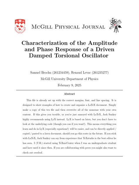 Driven Damped Torsional Oscillator Pdf Damping Resonance