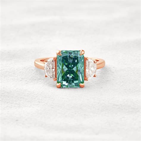 44 Ct Blue Green Radiant 3 Stones Cut Moissanite Diamond Ring Touche