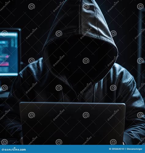Hacker In Hoodie Accessing Laptop In Dark Room With Code On Screen Stock Image Cartoondealer
