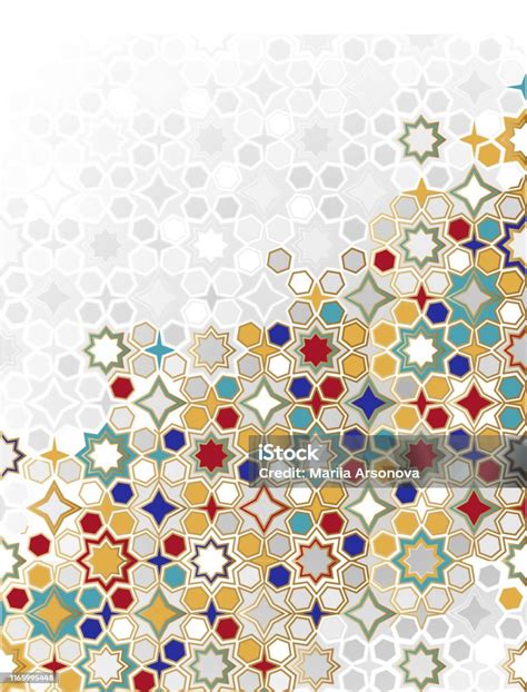색상의 아랍어 장식 배경입니다 모자이크의 이슬람 장식 다채로운 세부 사항입니다 아랍어 동쪽 인도 장식 페르시아 어 모티프 3d 간단한 기하학적 라마단 카림 골드 인사말 카드