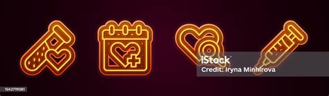 혈액 의사 약속 의료 심장 검사 및 주사기로 라인 테스트 튜브를 설정하십시오 빛나는 네온 아이콘입니다 벡터 개념에 대한 스톡 벡터 아트 및 기타 이미지 Istock