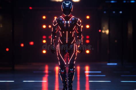 Futuristic Robot Glowing Lines Standing Dark Room Showcasing Advanced Technology Design Stock ...