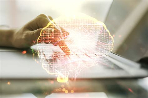 배경에 컴퓨터 키보드에 손으로 입력창조적 인 인간의 뇌 마이크로 회로의 이중 노출 미래 기술 및 Ai 개념 인공지능에 대한 스톡