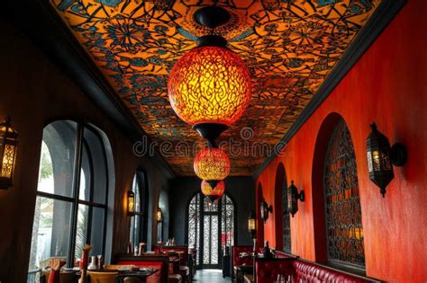 Elegant Restaurant Features Intricate Ceiling Patterns And Warm Inviting Lighting Stock Image