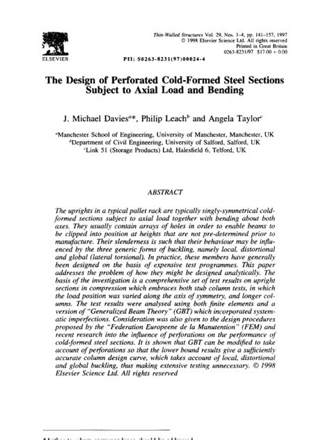 Davies J M Et Al The Design Of Perforated Cold Formed Steel Sections