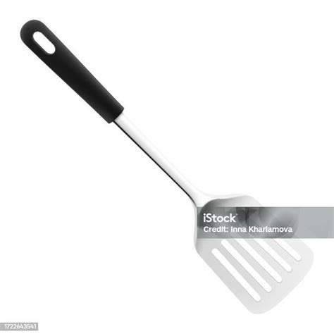 주방 주걱 흰색 배경에 분리된 스테인리스 스틸 검은색 손잡이가 달린 은색 금속 요리 주걱 사실적인 3d 벡터 그림입니다 조리용 조리 기구 식기 3차원 형태에 대한 스톡 벡터