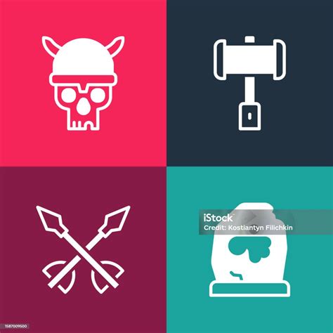 팝 아트 매직 룬 중세 화살 전투 망치 및 해골을 바이킹 헬멧 아이콘으로 설정하십시오 벡터 강철에 대한 스톡 벡터 아트 및 기타 이미지 Istock