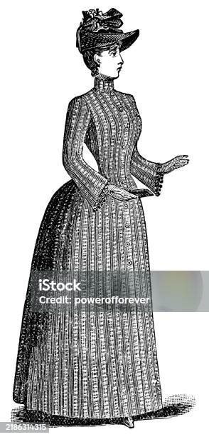 1890년대 빅토리아 시대 패션 플러시 망토와 Bycocket 모자를 쓴 숙녀 워킹 드레스 19세기 1890 1899 년에 대한 스톡 벡터 아트 및 기타 이미지 Istock