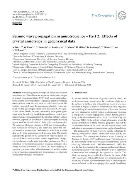 Pdf Seismic Wave Propagation In Anisotropic Ice Part 2 Effects Of