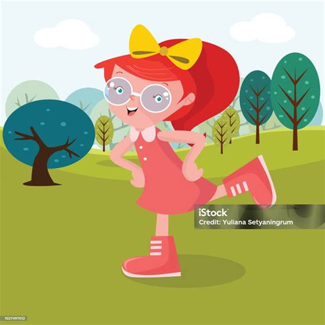 안경 보이는 행복 하 고 밝고 귀여운 소녀 걷고 있다 고 캐릭터 만화 녹색 풀밭 주위 포즈 걷기에 대한 스톡 벡터 아트 및 기타 이미지 걷기 경관 귀여운 Istock