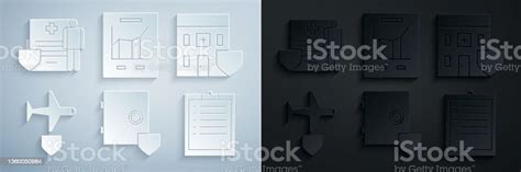 방패 의료 병원 건물 평면 클립 보드 체크리스트 문서 그래프 차트 및 클립 보드 임상 기록 아이콘으로 안전을 설정합니다 벡터 3차원 형태에 대한 스톡 벡터 아트 및 기타