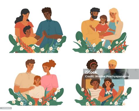 Multiracial And Multicultural Families Vector Set Couples From Different Cultural And Ethnic