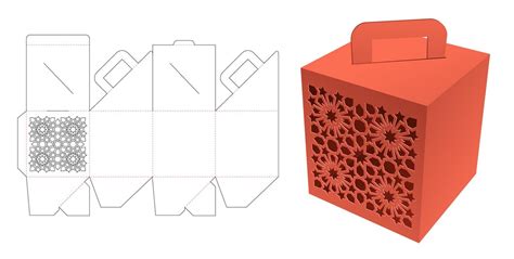 스텐실 아랍어 패턴 다이 컷 템플릿 및 3d 모형이 있는 캐리어 상자 프리미엄 벡터