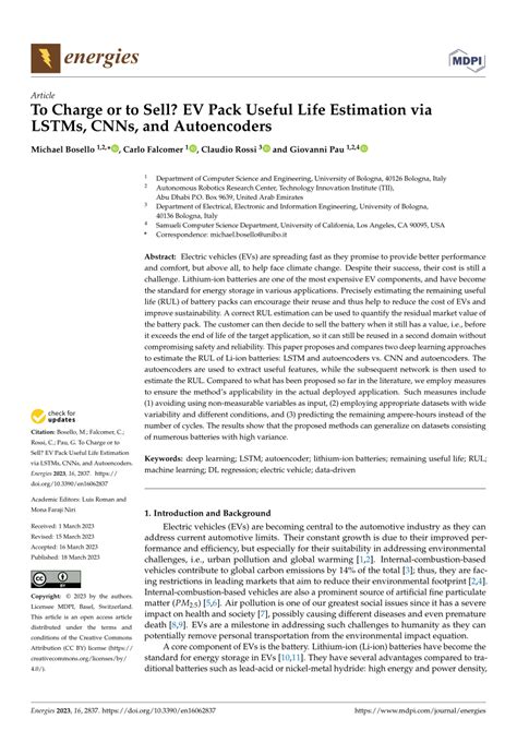 Pdf To Charge Or To Sell Ev Pack Useful Life Estimation Via Lstms Cnns And Autoencoders