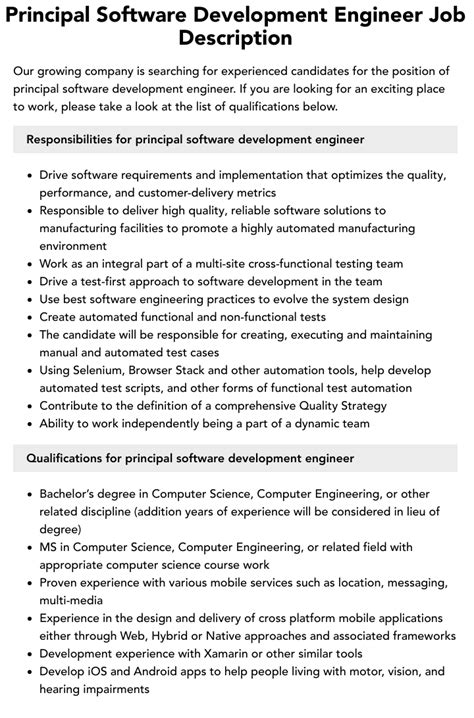 Principal Software Development Engineer Job Description Velvet Jobs