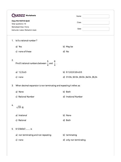 Class 9th Maths Quiz Pdf