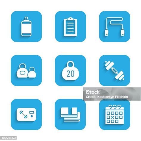 세트 케틀벨 수건 스택 캘린더 피트니스 아령 피트니스 클럽 체육관 카드 점프 로프와 펀칭 가방 아이콘 벡터 건강한 생활방식에